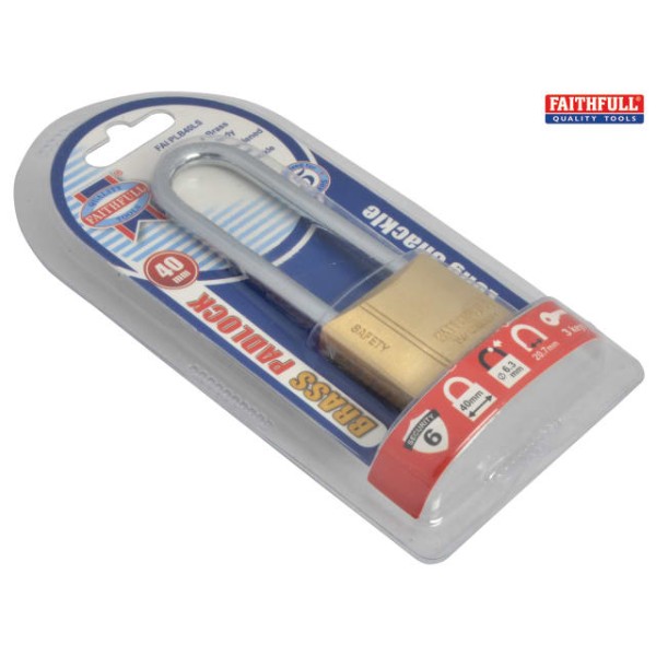 Faithfull Brass Padlock 40mm Long Shackle 3 Keys
